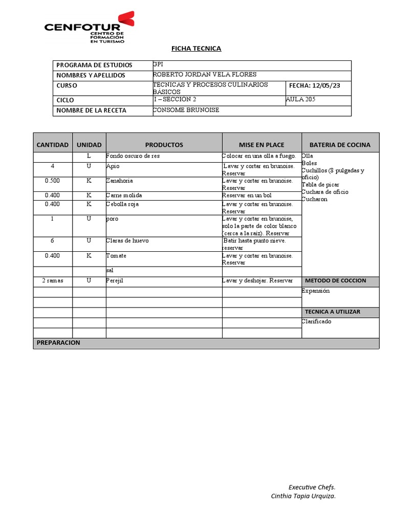 Ficha Tecnica Talleres - Consome Brunoise | PDF | Cocinando | Alimentos