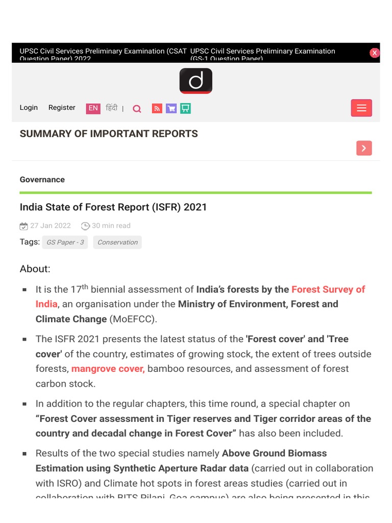 India State of Forest Report (ISFR) 2021 | PDF | Mangrove | Tiger