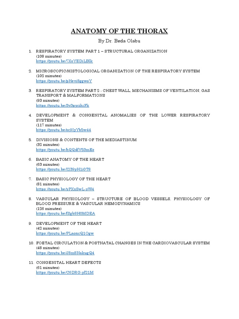 Anatomy of The Thorax Lecture Series by Dr. Beda Olabu | PDF