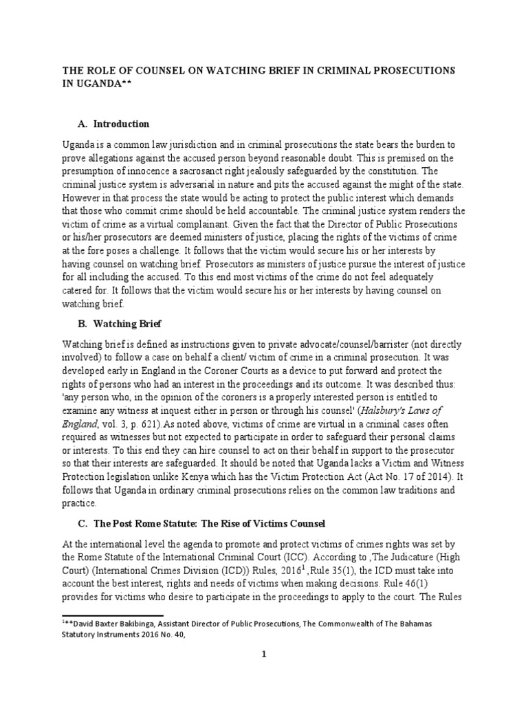 The Role of Counsel On Watching Brief in Criminal Prosecutions in ...