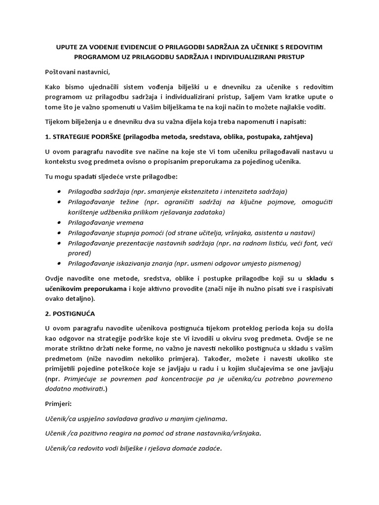 Upute Za Vođenje Evidencije o Prilagodbi Sadržaja Za Učenike S Redovitim Programom Uz Prilagodbu ...