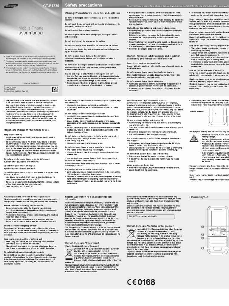 User Manual Samsung GT-E1230 (English - 2 Pages) | PDF | Battery ...