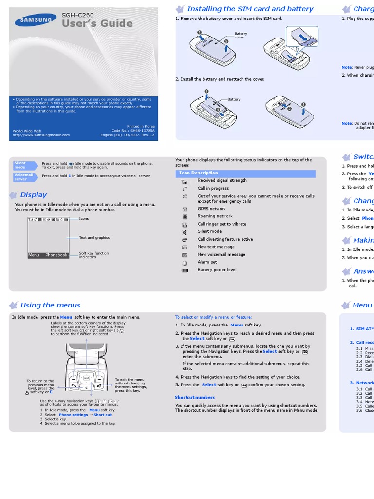 User Manual Samsung SGH-C260 (English - 2 Pages) | PDF | Menu ...