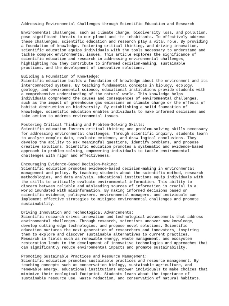 Addressing Environmental Challenges Through Scientific Education and ...