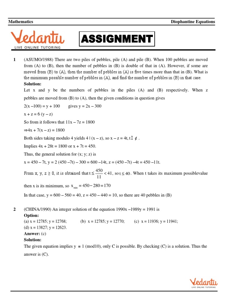 Diophantine Equations Prmo Pdf Equations Abstract Algebra