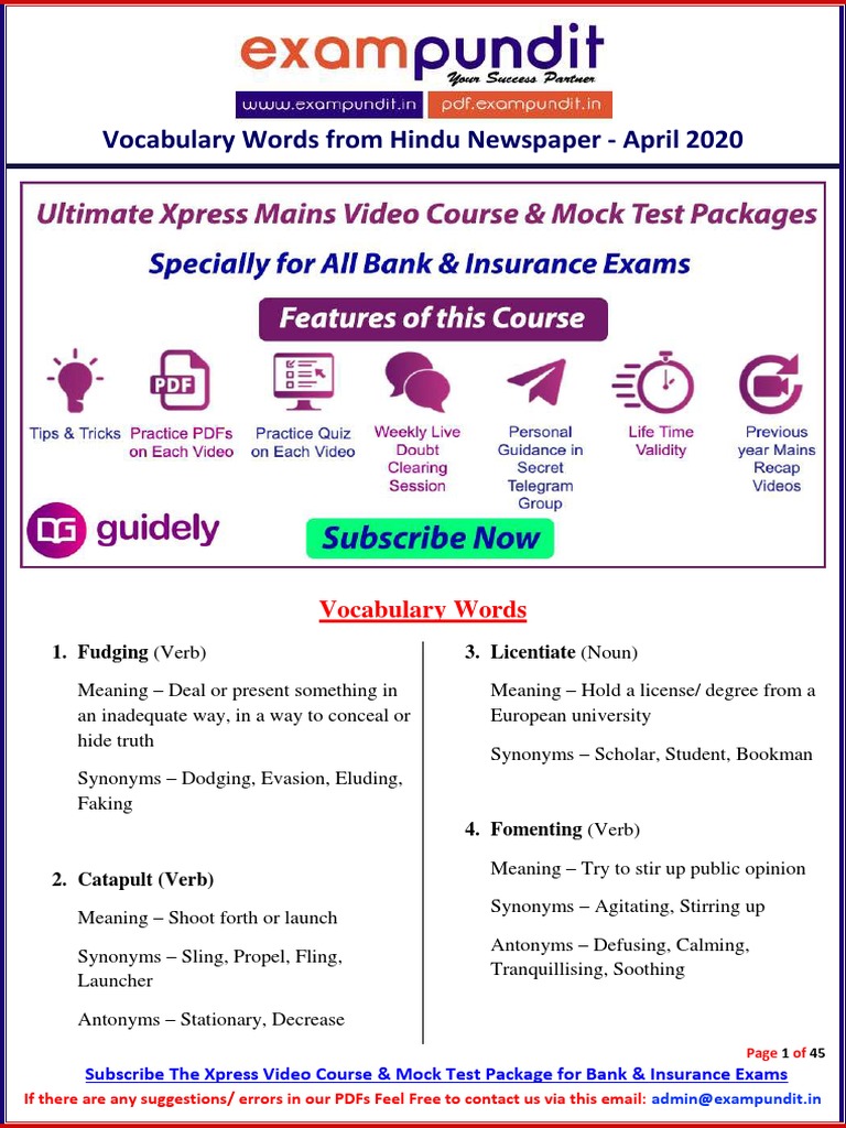 Vocabulary Words From Hindu Newspaper With Meanings for April Month | PDF