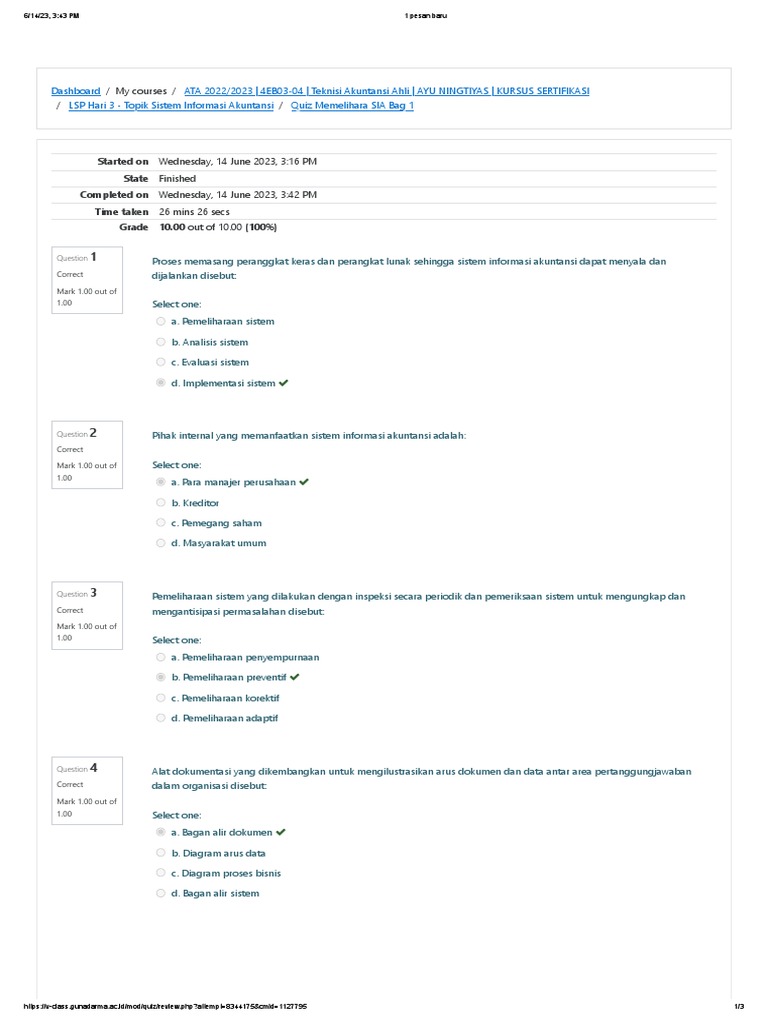 Quiz Memelihara SIA Bag 1 - Attempt Review | PDF