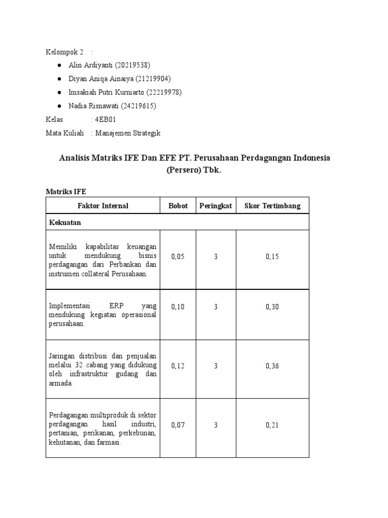 Kelompok 2 - Matriks IFE Dan EFE | PDF | Bisnis