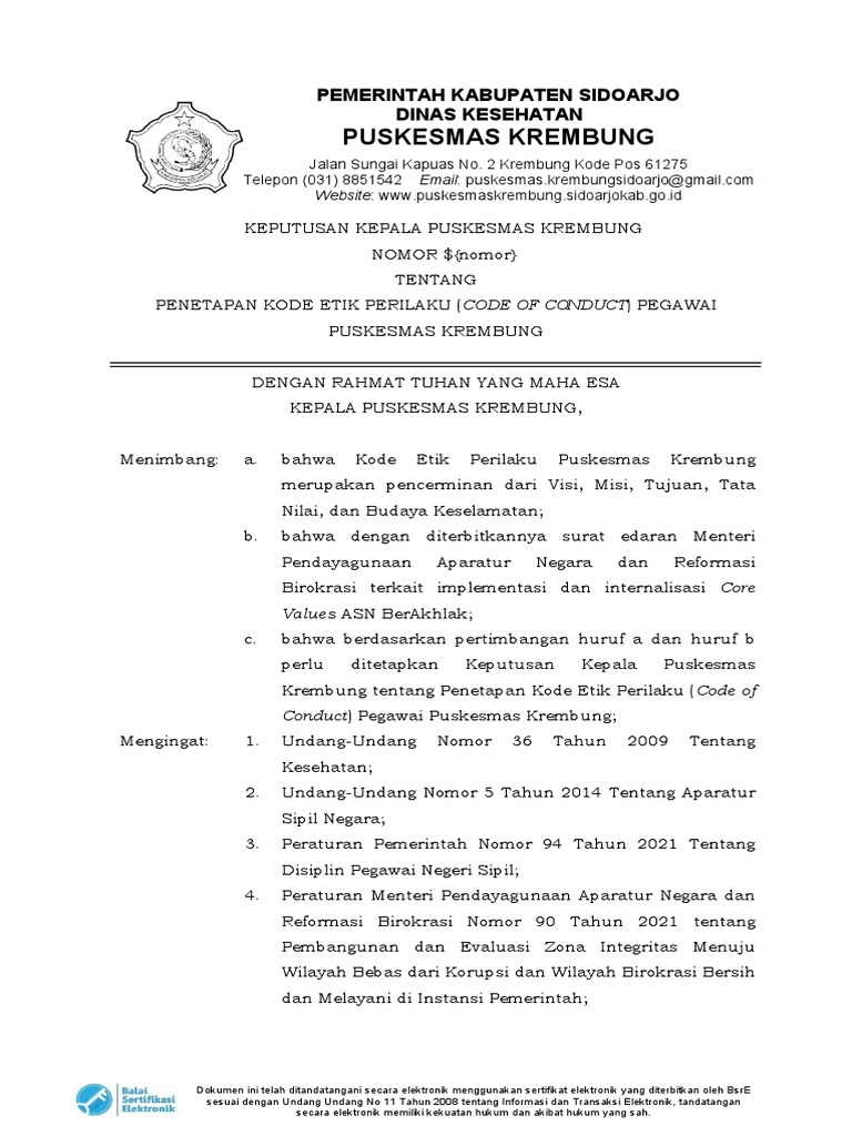 SK Penetapan Kode Etik Pegawai | PDF