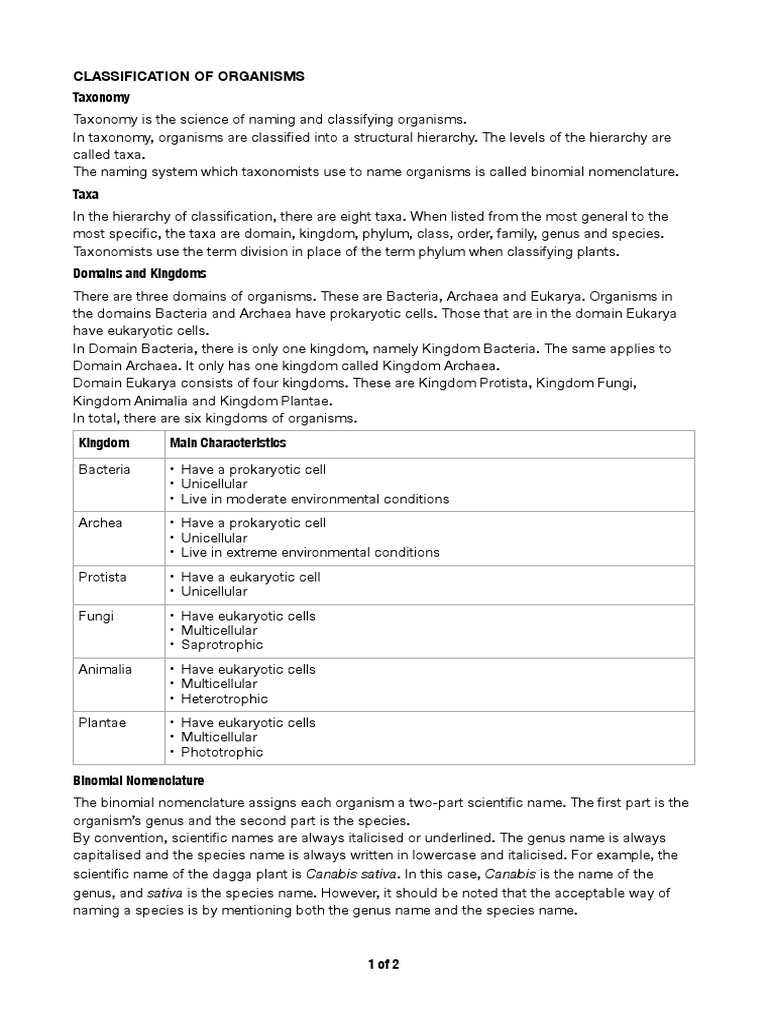 Classification of Organisms | PDF | Taxa | Biology