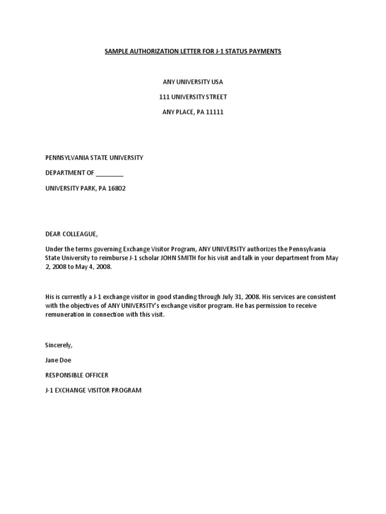 Sample Authorization Letter For j1 | PDF