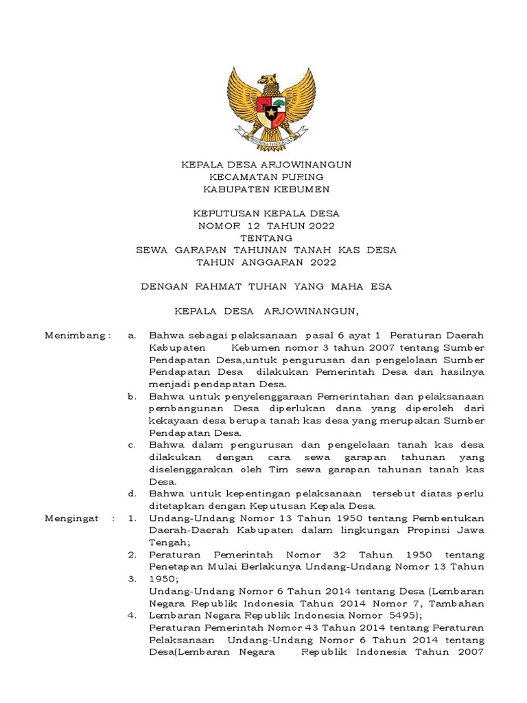 SK Tentang Sewa Tanah Kas Desa | PDF