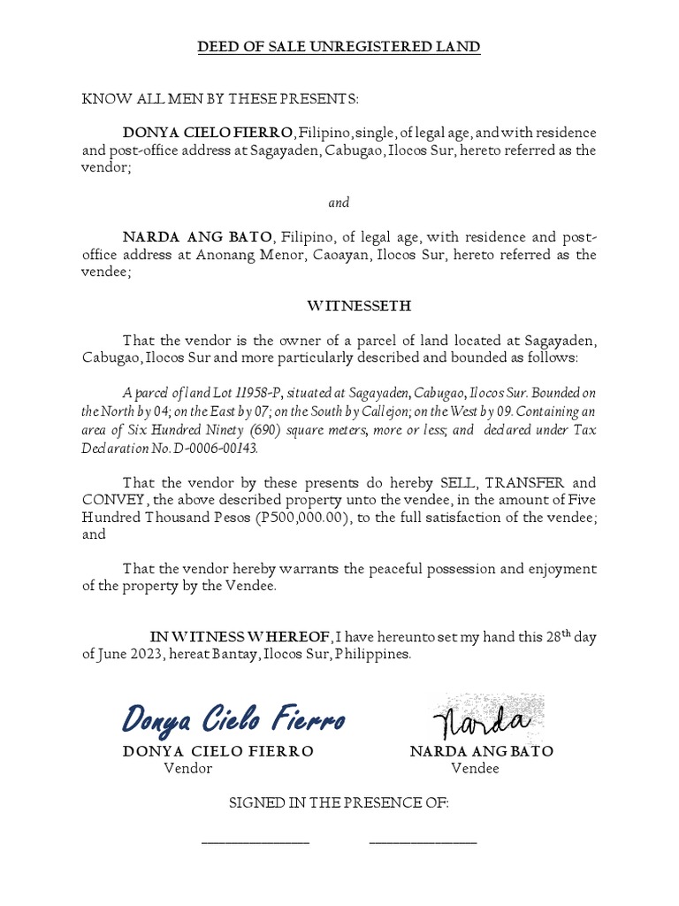 Deed of Sale of Unregistered Land | PDF | Deed | Real Property Law Deed of Sale of Unregistered Land | PDF | Deed | Real Property Law