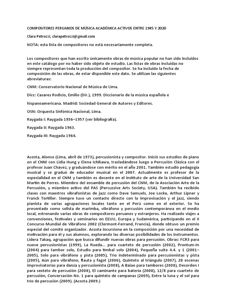 Compositores Peruanos Activos Entre 1945 y 2020 | PDF | Música clásica ...