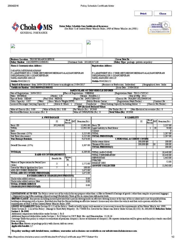 Policy Schedule Certificate Motor | PDF | Insurance | Deductible
