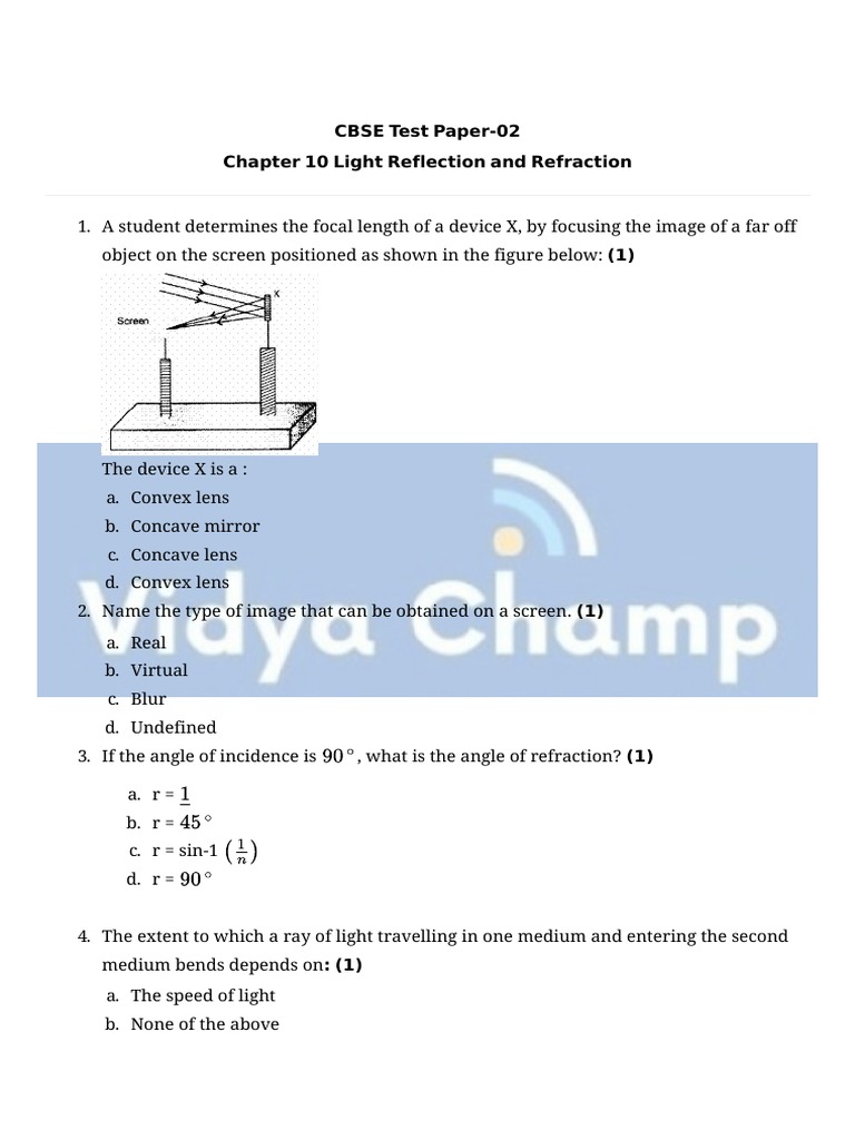 Cbse Test Paper-02 10 Light Reflection and Refraction | PDF | Mirror ...
