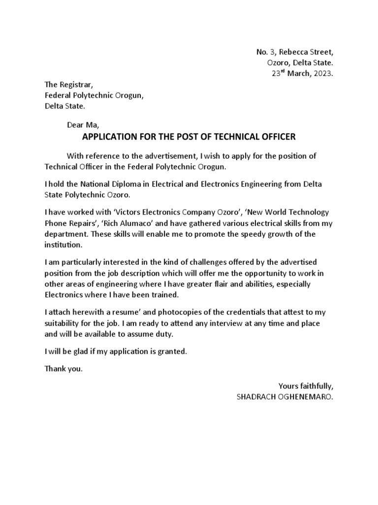 Technical Officer Application | PDF