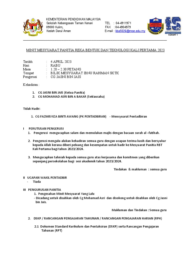 Minit Mesyuarat Panitia RBT SKTK 1 2023-2024 | PDF
