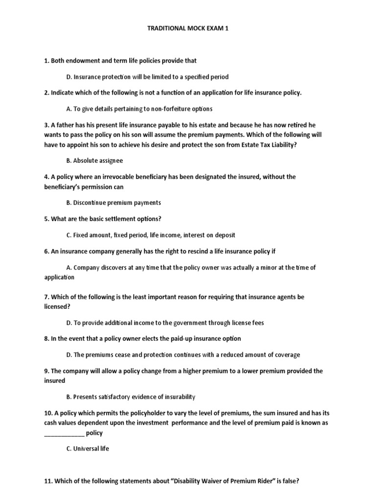 Traditional Mock Exam 1 | PDF | Insurance | Life Insurance