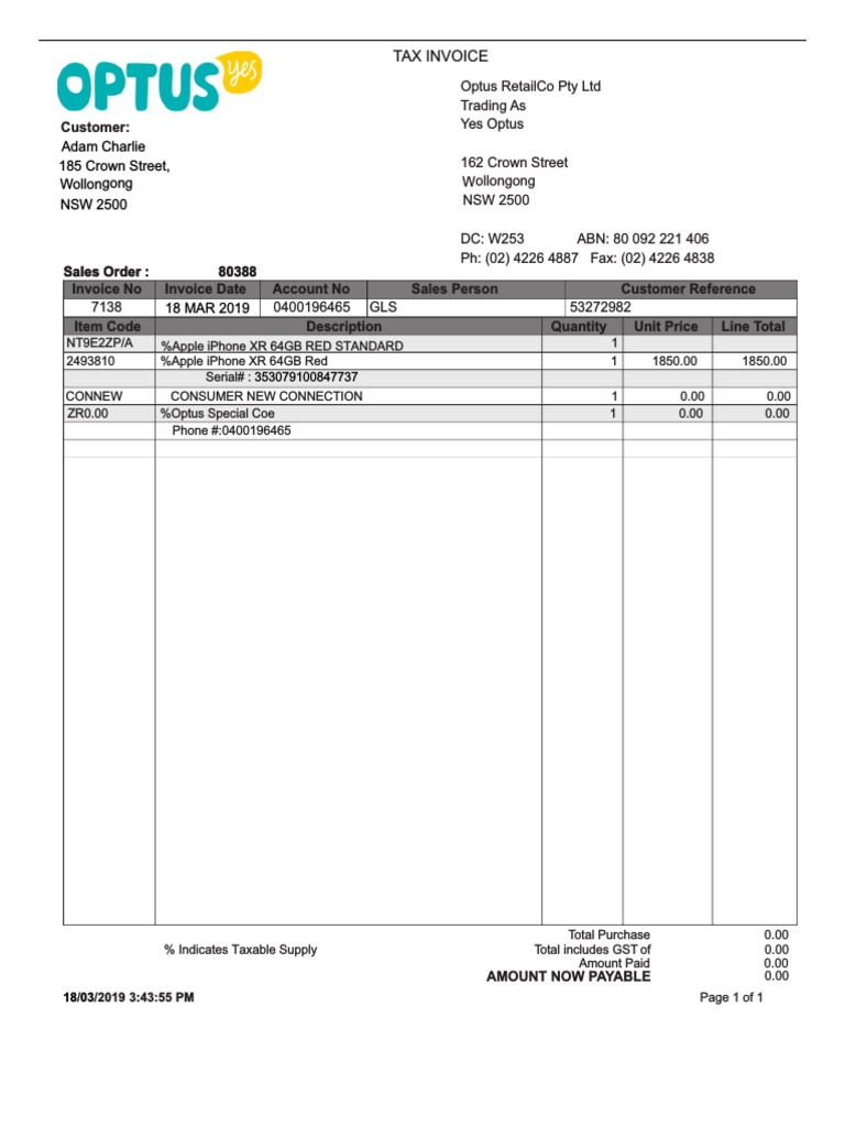 Optus Australia Iphone XS 2018 PDF | PDF | Invoice | Apple Inc.