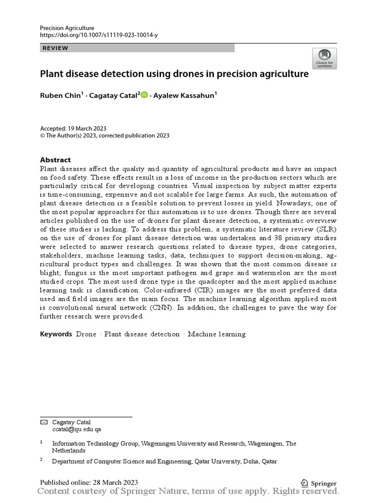 Plant Disease Detection Using Drones In Precision Pdf Unmanned Aerial Vehicle Machine Learning