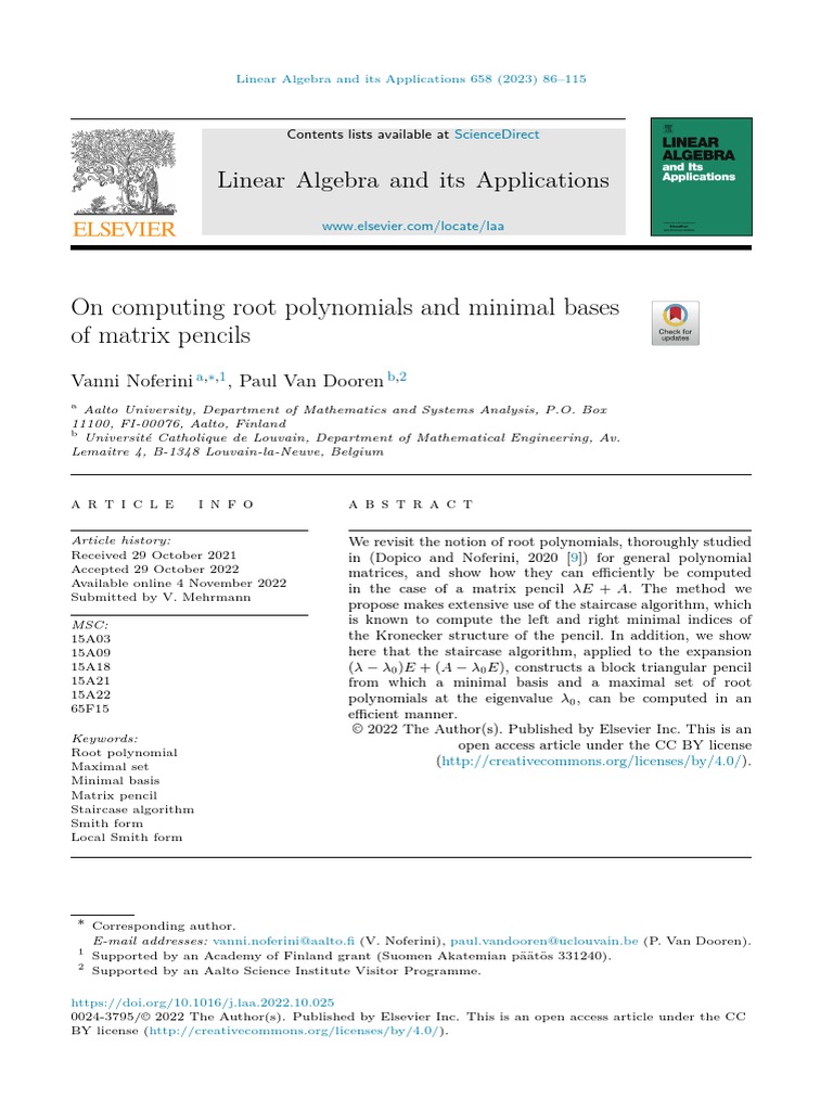 On Computing Root Polynomials And Minimal Base 2023 Linear Algebra And Its A Pdf Matrix 