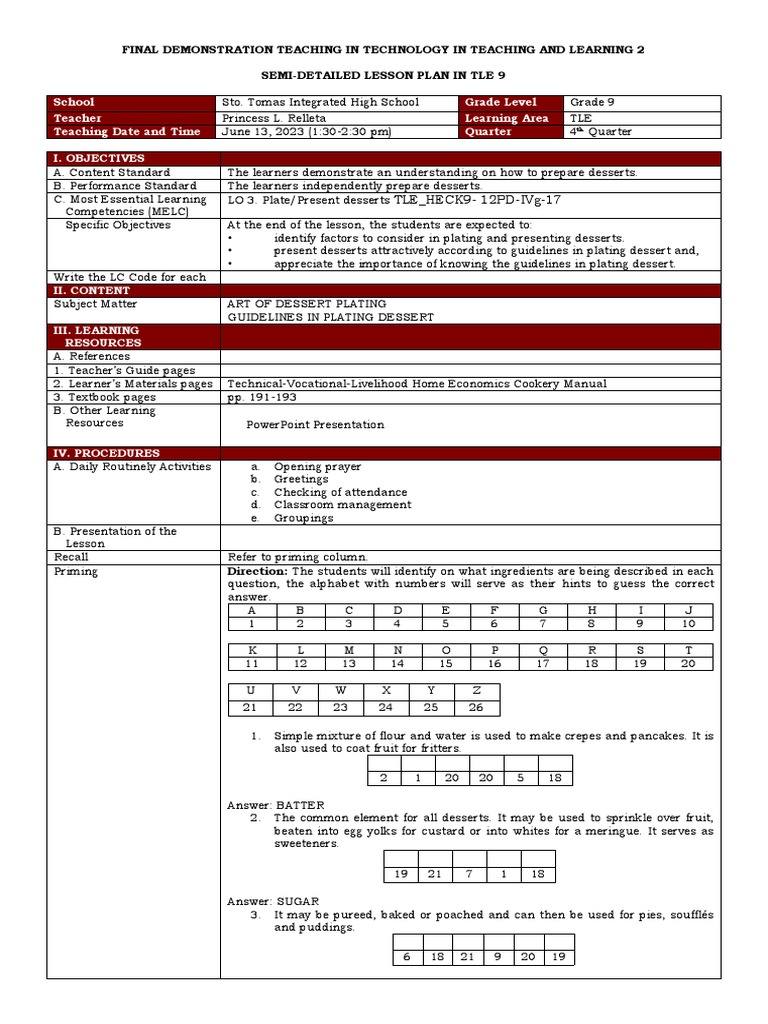 4a's Lesson Plan For Final Demo in Cookery 9 | PDF | Cooking | Desserts