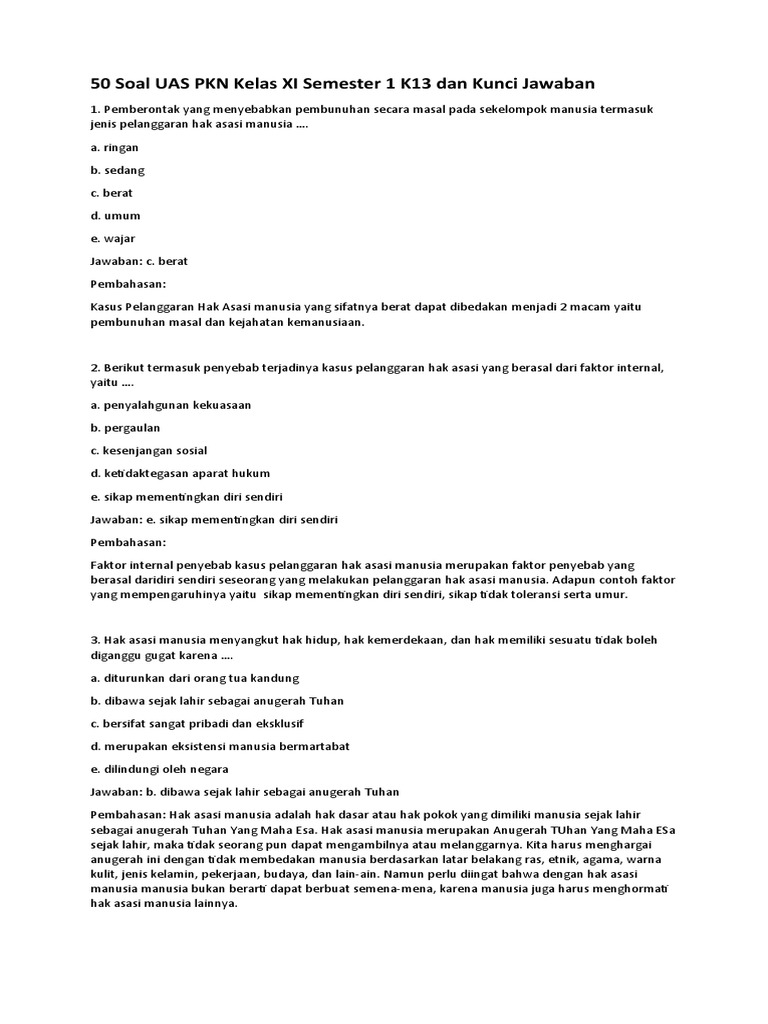 50 Soal UAS PKN Kelas XI Semester 1 K13 Dan Kunci Jawaban | PDF