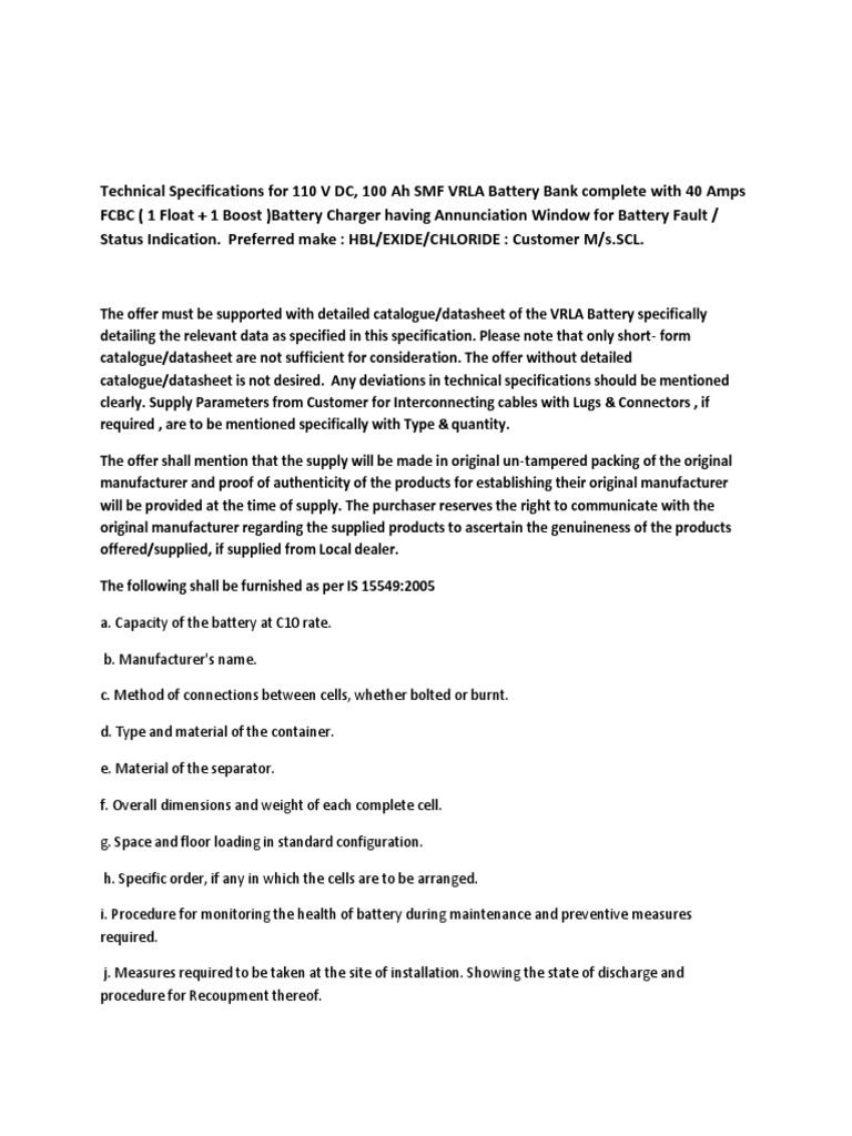 Technical Specifications For 110 V DC SMF VRLA 100 Ah Battery With 40 ...