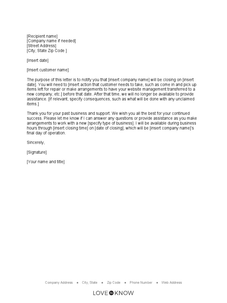 3170 Business Closing Customer Letter | PDF