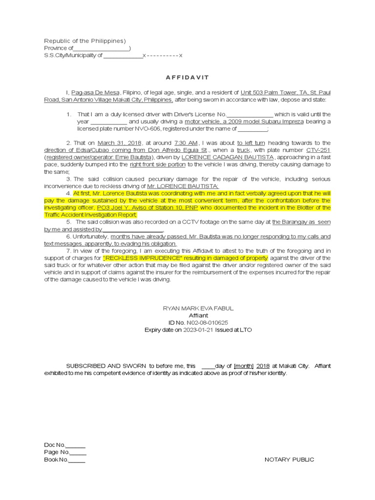 Affidavit (Vehicular Accident) | PDF | Affidavit | Transport