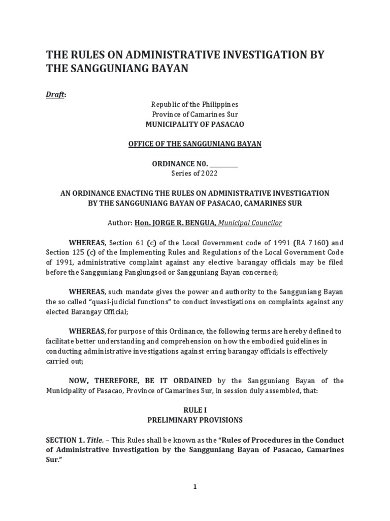 Draft Rules On Administrative Investigation by The Sangguniang Bayan | PDF | Witness | Affidavit