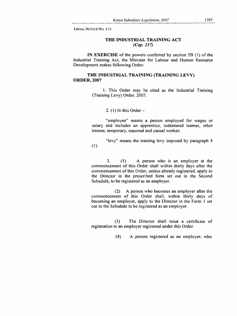 Kenya Industrial Training Levy Order 2007 | PDF | Employment | Salary