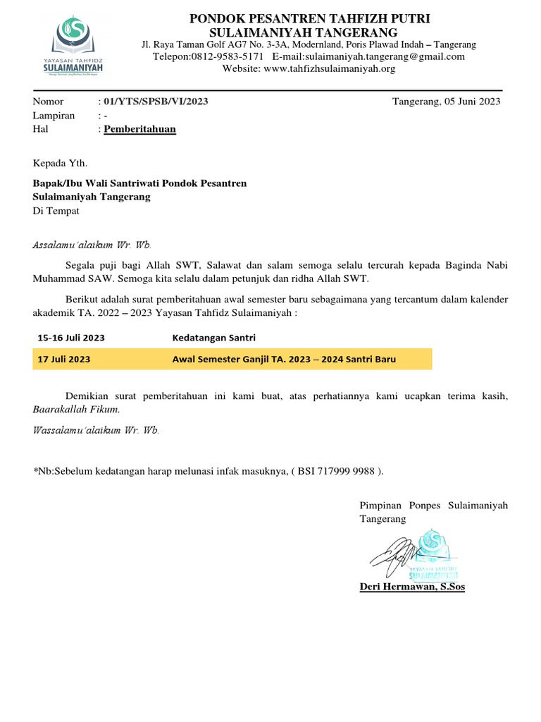 Surat Pemberitahuan Santri Baru 1 | PDF