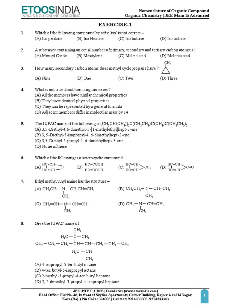 IUPAC Nomenclature Practice for JEE | PDF | Alkane | Chemistry