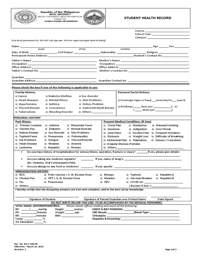Student Health Record Form - Front | Download Free PDF | Measles ...
