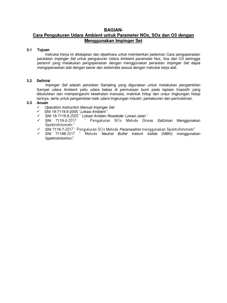 IK Pengukuran Udara Ambient Untuk Parameter NOx, SOx Dan O3 Dengan Menggunakan Impinger Set-1 | PDF