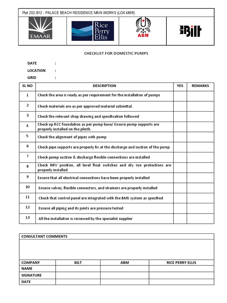 Check List - Installation of Domestic Pumps | PDF