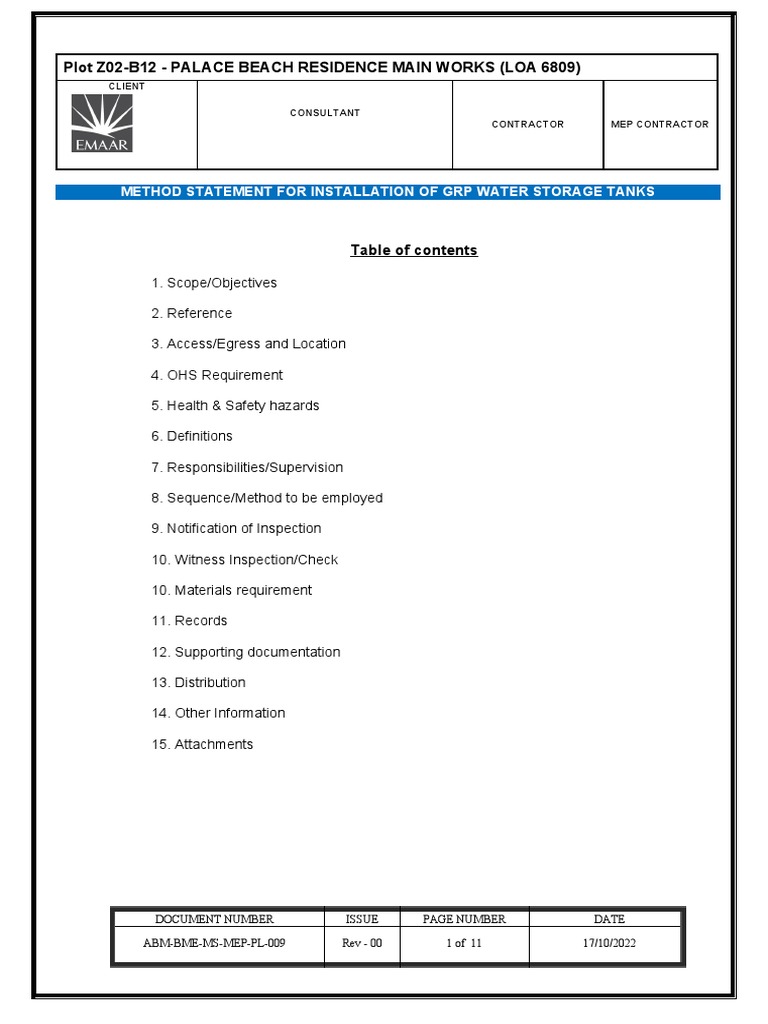 GRP Water Tank Installation Method Statement | PDF | Personal ...
