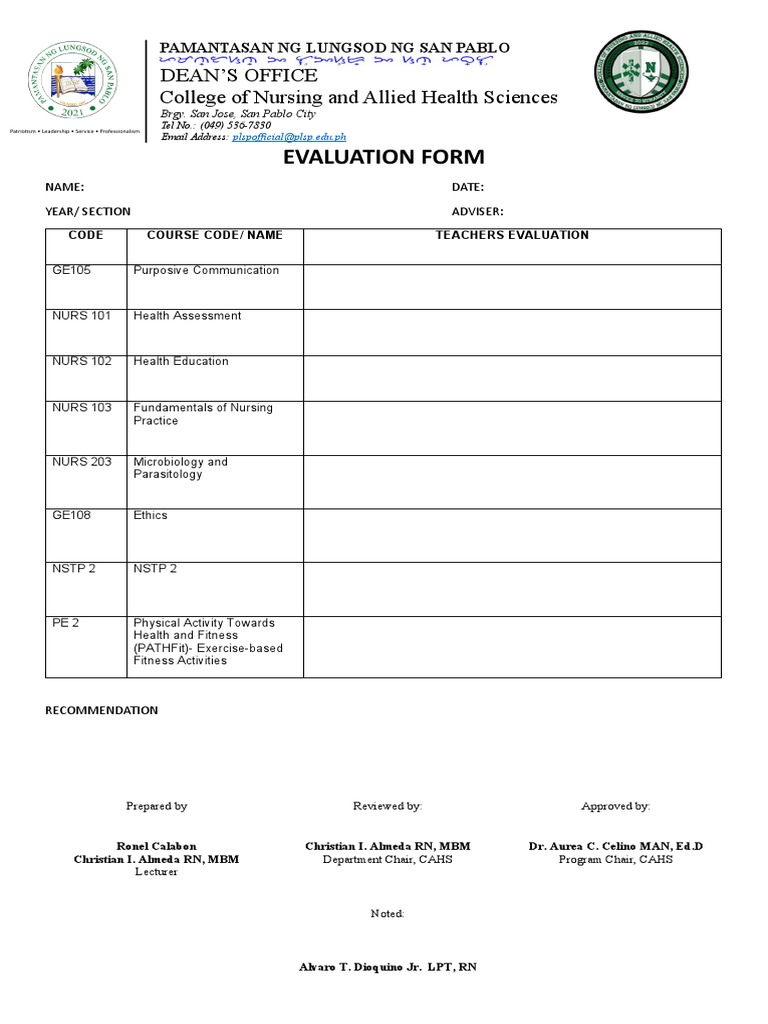 PLSP Nursing Evaluation Form | PDF | Nursing | Public Services