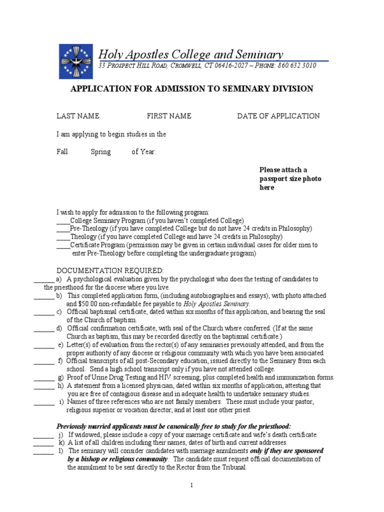 HACS Seminary Admission Application | PDF | Catholic Church | Confirmation