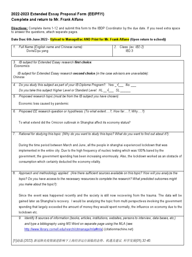 Doris ZiyuYANG Extended Essay Proposal Form EE PF 1 | PDF