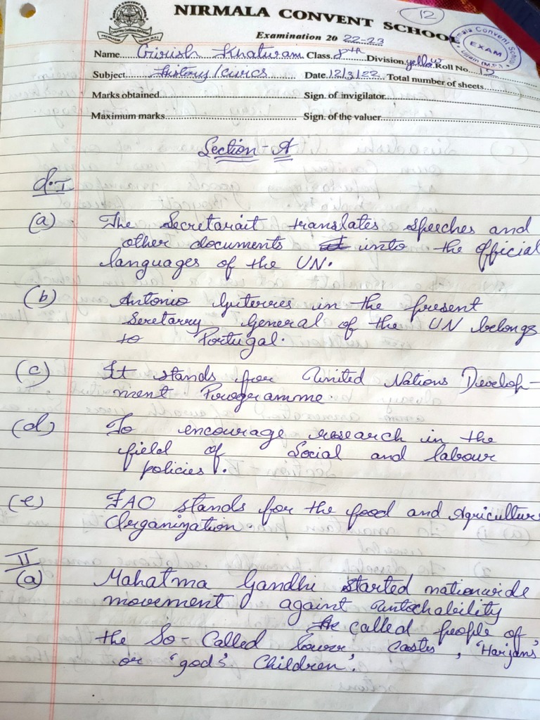 Nirmala Onvent Schoof History Civics Paper Name-Girish Khatwani Class ...