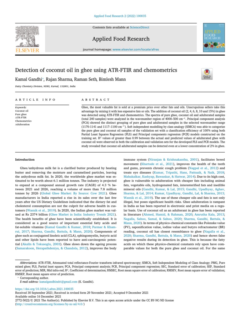 Detection of Coconut Oil in Ghee Using ATR FTIR and C - 2022 - Applied ...