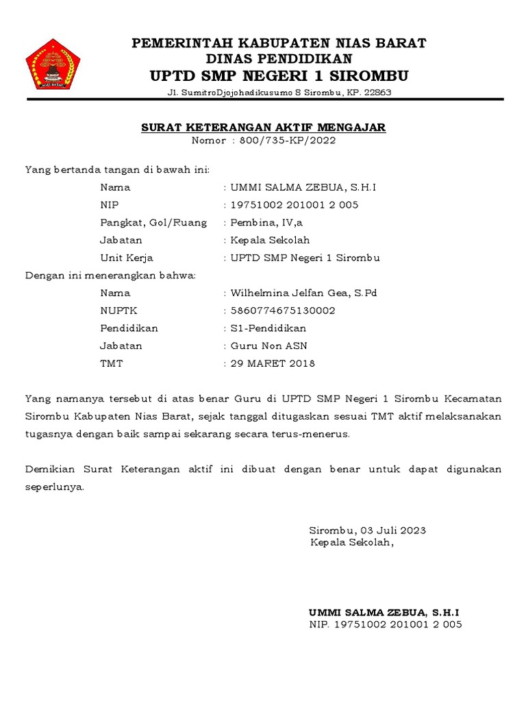 Surat Keterangan Aktif Mengajar Guru | PDF