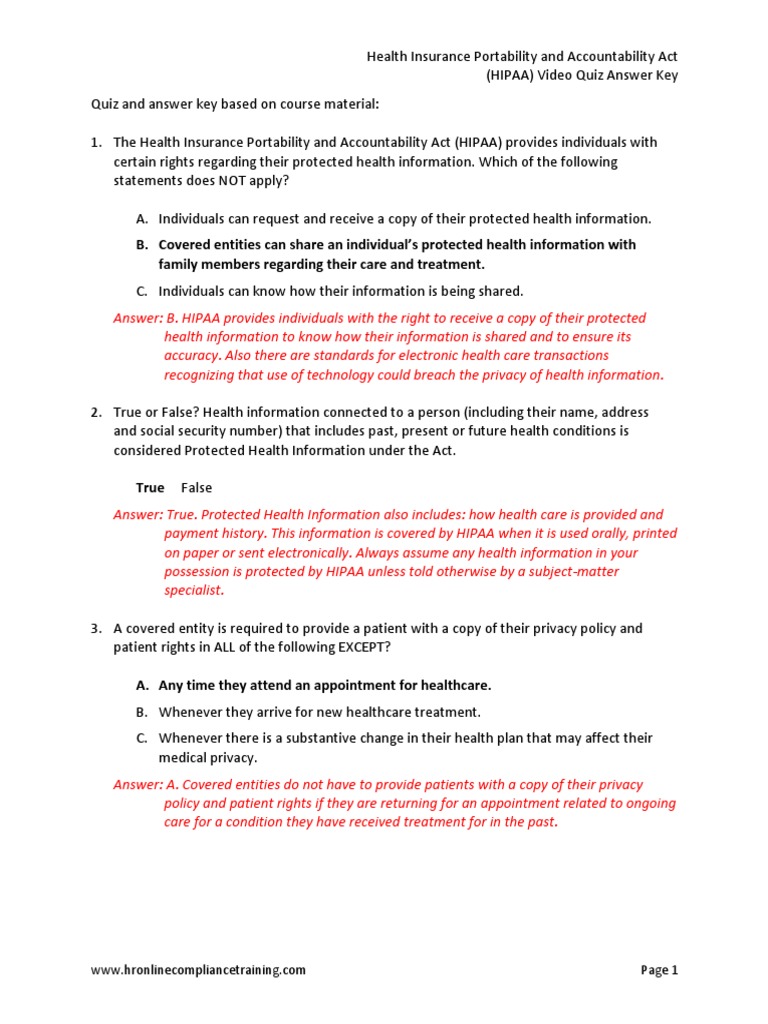 HR - Hipaa - Answer Key | PDF | Health Insurance Portability And ...
