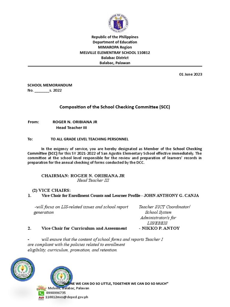 Memo For Teacher SCHOOL CHECKING 2023 | PDF