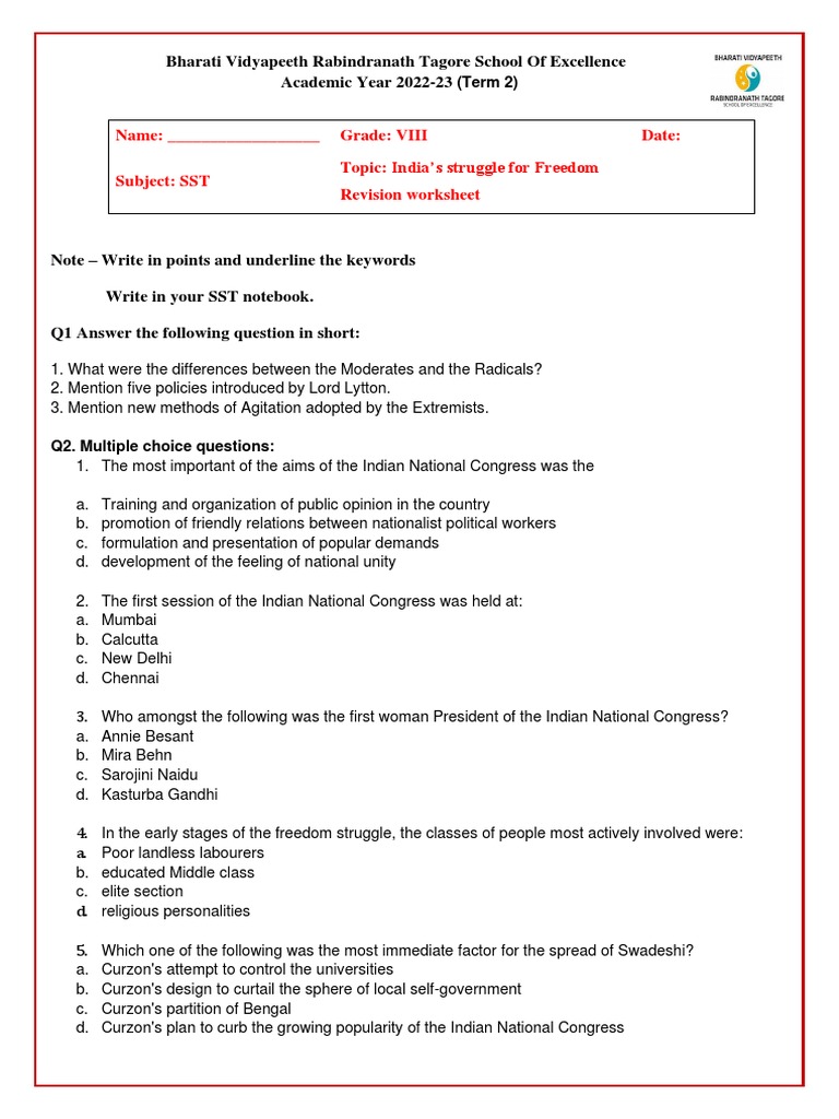 India S Struggle For Freedom Worksheet | PDF | Social Science