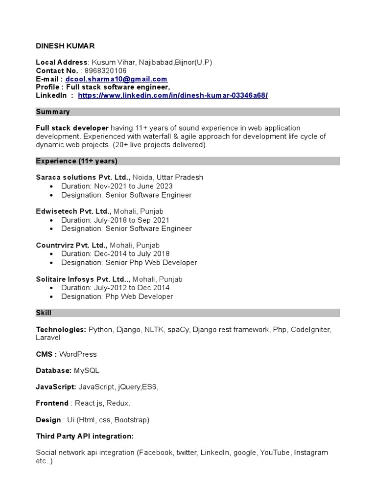Dinesh Kumar Updated Resume | PDF | My Sql | Java Script