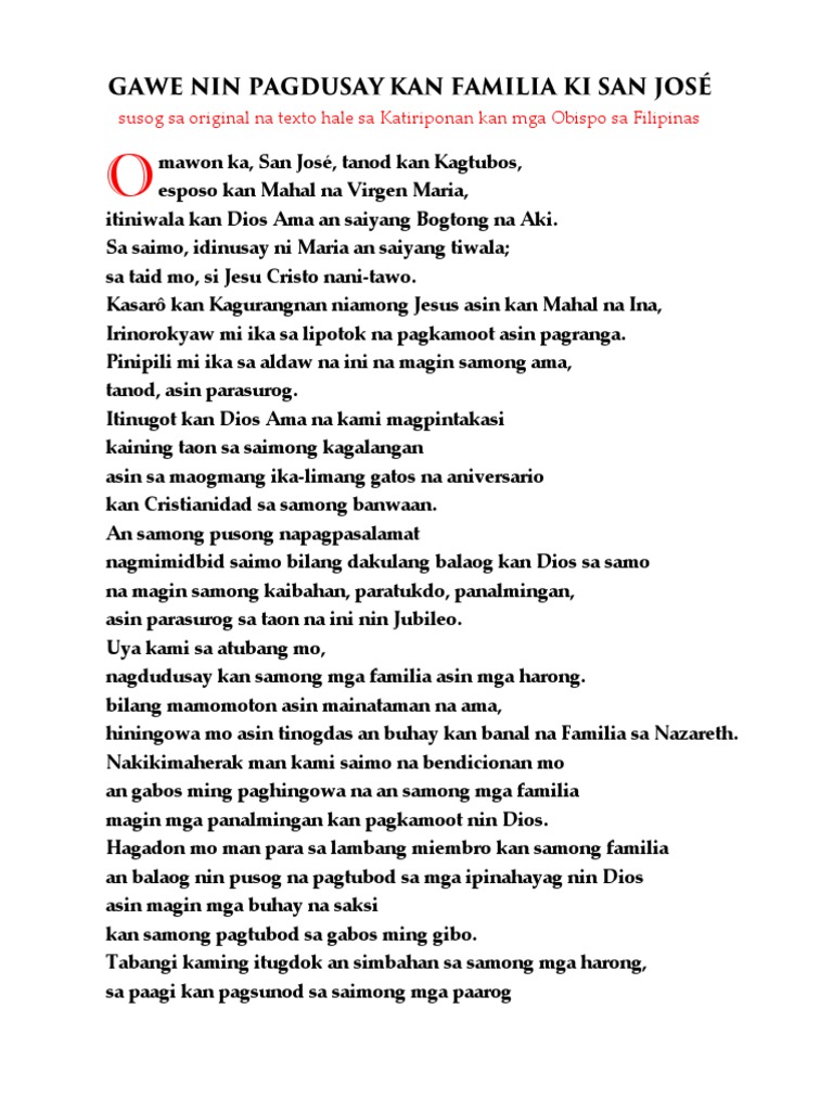 Gawe Nin Pagdusay Kan Familia Ki San Jose | PDF